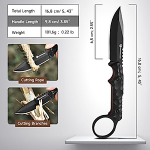 DRACHENADER EDC Fixed Blade Knife with Sheath 7.08" Small Horizontal Carry Knife with Kydex Sheath, Full Tang 5Cr13mov Stainless Steel, Black, Men Gifts for Birthday, Christmas, Father's Day