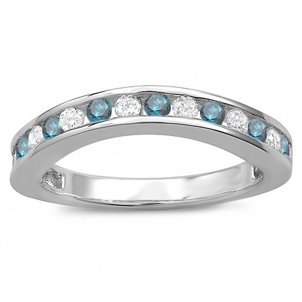 Dazzlingrock Collection 0.75 Carat (ctw) 10k Round White And Blue Diamond Curved Guard Bridal Wedding Band, White Gold, Size 7