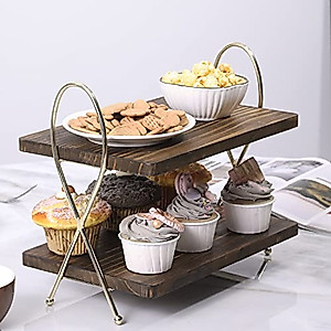 MyGift 2 Tier Burnt Wood and Brass Metal Server Cupcake Holder Stand, Dessert and Appetizer Tower, Buffet Serving Riser Display