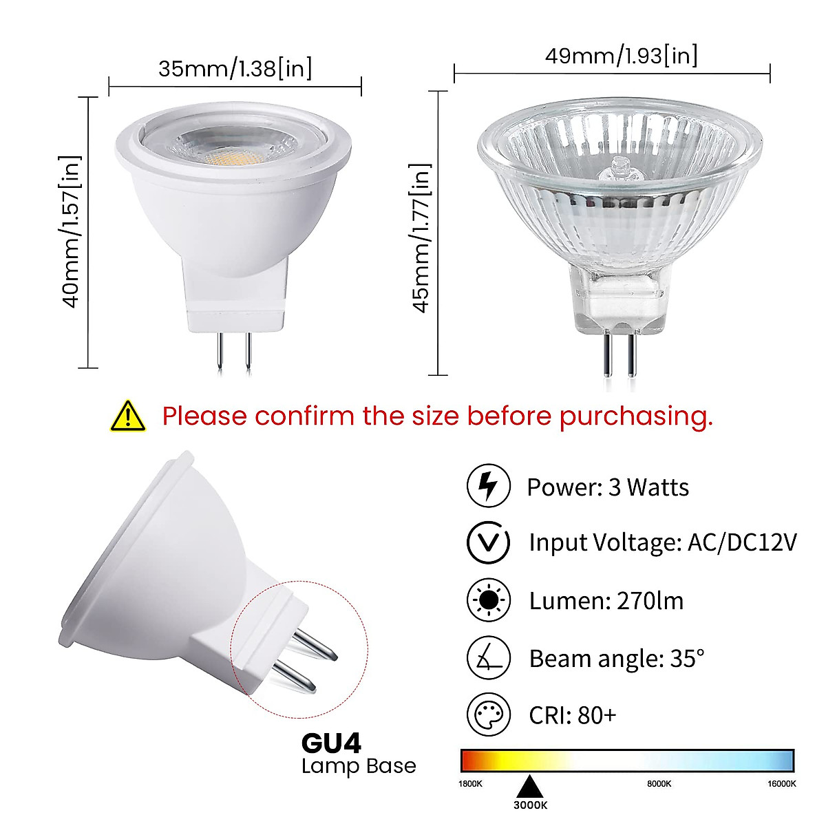 Bonlux MR11 LED Bulb 3W 12V AC/DC Low Voltage LED Spotlights,GU4 Bi-Pin Base 25W Halogen Equivalent 270lm for Landscape Accent Recessed Track Lights and Fiber Optics (Warm White 3000K, 6-Pack)