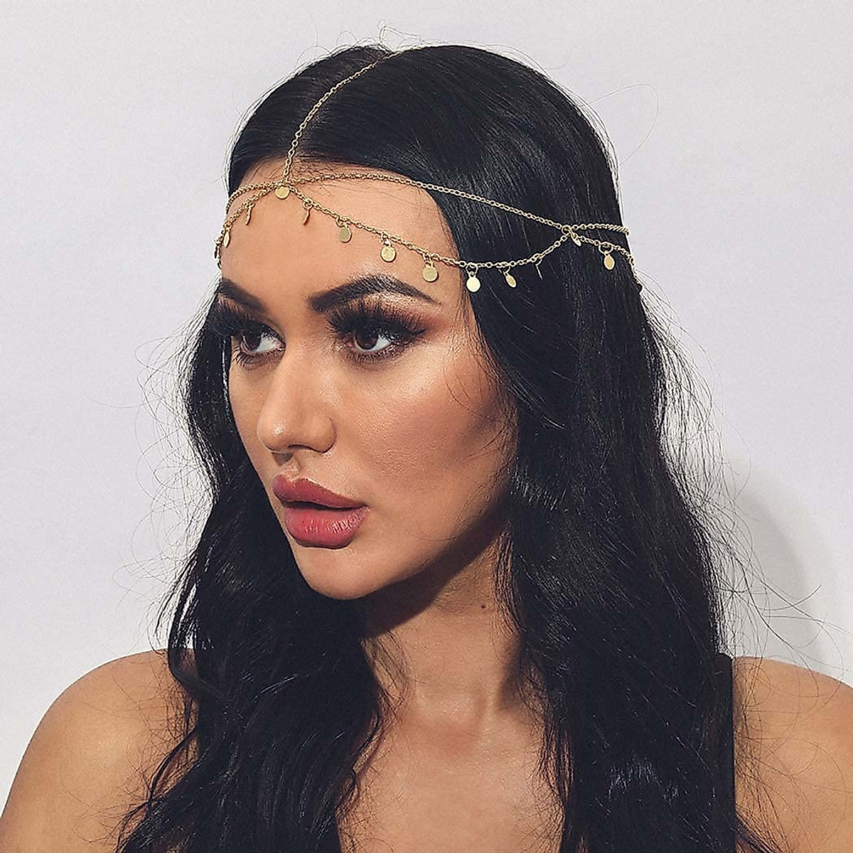 Aukmla Gold Sequins Head Chain Jewelry Festival Halloween Prom Costume Hair Accessories Fashion Headbands Headpieces for Women and Girls