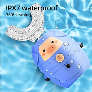 ZZCC Ultrasonic Kids Electric Toothbrush, New U Shape Kid Type Whitening IPX7 Waterproof, 3 Gear Speed, 3-12 Years(Blue-Mini Pig)