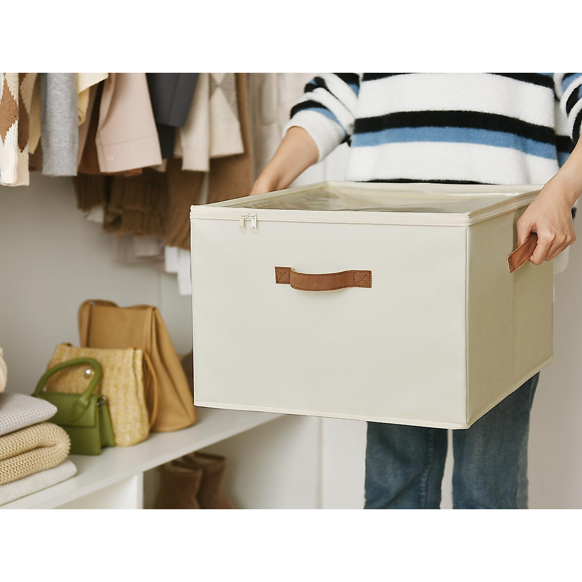 StorageWorks Storage Box for Shoes, Shoe Storage Bin with Handles and Fixed Dividers, Space-Saving Shoe Storage Organizer, Closet Cube Shoe Storage Box, Beige, 1-Pack
