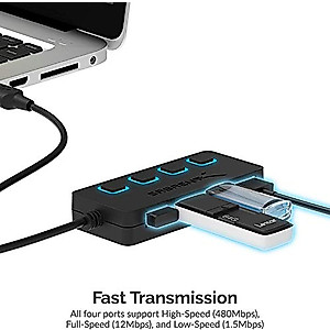 SABRENT 4 Port USB 2.0 Data Hub with Individual LED lit Power Switches [Charging NOT Supported] for Mac & PC (HB-UMLS)