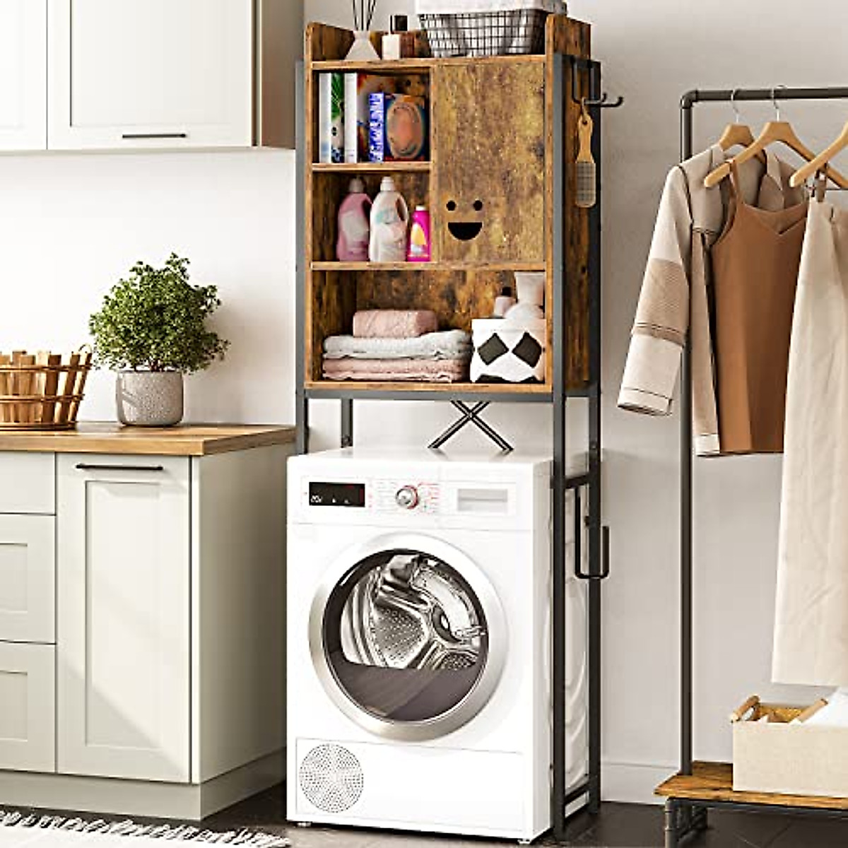 MASHOOPS Over The Toilet Storage Cabinet, Bathroom Organizer Over Toilet, Multifunctional Freestanding Space Saver Cabinets with Adjustable Shelf Paper Hook with Smiling-Door, Rustic Brown