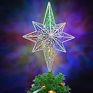 Christmas Tree Topper, Yocuby Hollow Silver Star Christmas Tree Topper Lighted with LED Rotating Magic Ripple Light for Crown Xmas Tree Topper Decoration, Wall Party Holiday Déco