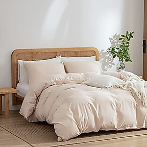 Beige Duvet Cover Queen, 100% Washed Microfiber 3 Pieces Solid Casual Beige Bedding Set for Men and Women, with Zipper Closure, Luxury Ultra Soft Relaxed Feel Natural Wrinkled Comfy (Beige, Queen)