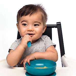 ChooMee FlexiDip Silicone Baby Learning Utensil | 4 Months + Baby Led Weaning | Flat Head Spoon with Firm Handle | Designed in USA, BPA Free, Premium Grade Platinum Silicone | 2 CT Blue Gray