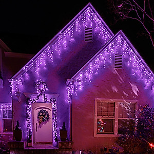 SDOUBLEM 13FT 96 LEDs Purple 8 Modes Memory Mode Icicle Light Window Curtain String Light Wedding Patio Home Garden Bedroom Outdoor Indoor Party Decorations