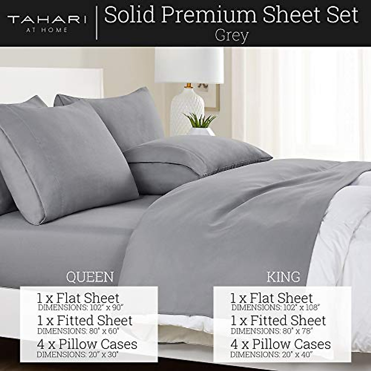 Tahari Home - King Sheet Set, Lightweight 6-Piece Sheets with Matching Pillowcases, Soft Room Decor (Modern Grey, King)