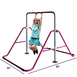 KidsJungle Kids Jungle Gym 3 in 1 Gymnastics Monkey Bar Kip Bar Deluxe Swing Set, Trapeze Rings, Adjustable Horizontal Climb Tower Junior Training Pink