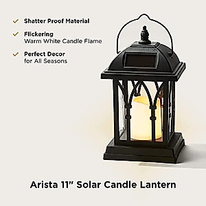 Outdoor Hanging Solar Lantern - 11 Inch Black Lantern with Solar Powered LED Candle, Waterproof, Dusk to Dawn Timer, Classic Mission Style, Fall Decor for Mantle or Patio