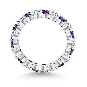 Gem Stone King 925 Sterling Silver 3MM Purple Amethyst and 3MM White Created Sapphire Eternity Band Ring For Women (1.00 Cttw, Round 3MM, Gemstone Birthstone, Available In Size 5, 6, 7, 8, 9)