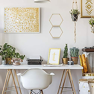 Gold Metal Wire Geometric Hexagon Floating Shelf | Two Brass Colored Vertical Honeycomb Shaped Hanging Wall Shelves | Mid Century Style Vanity Shelf | 16 x 9.25 x 3.75 Inches