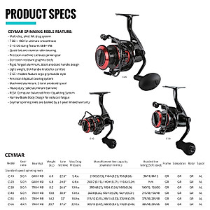 okuma Ceymar Spinning Reel Size 10 - 5Lb Max Drag Pressure, Black/Red