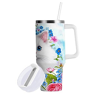 Cozy White Cat Rose 40 Oz Tumbler with Handle, Stainless Steel Cups with Lid, Travel Coffee Tumbler