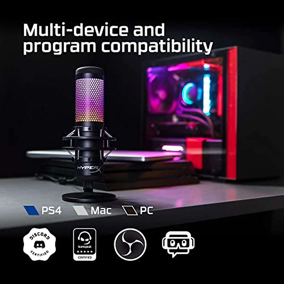 HyperX QuadCast S RGB USB Condenser Microphone for PC, PS4 and Mac, Anti-Vibration Shock Mount, Four Polar Patterns, Pop Filter, Gain Control, Gaming, Streaming, Podcasts (Renewed)