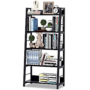 Himimi Black Ladder Bookshelf, 5 Shelf Bookcase Industrial Bookshelf Wood and Metal Bookshelves, Plant Flower Stand Rack Book Storage Shelves for Living Room, Bedroom, Home Office