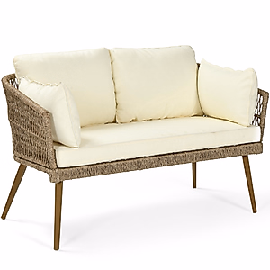 DWVO Patio Wicker Loveseat, All-Weather Rattan 2 Seater Sofa with Cushions & Lumbar Pillows, Outdoor Patio Furniture Set for Patio, Balcony, Backyard, Deck, Poolside - Beige
