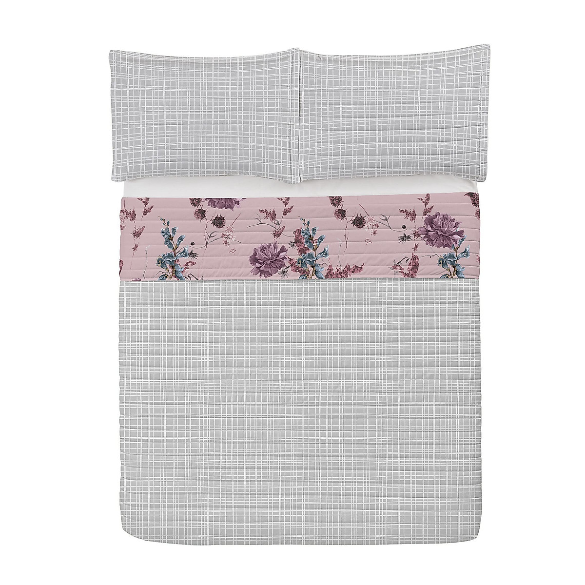 Ambesonne Vintage Floral Reversible Bedspread Set, Nostalgic Botanical Garden Artwork of Floral Blossoms and Branches, Pillow Shams & Comforter Microfiber Bedding Set, King Size, Grey Pink Cadet Blue