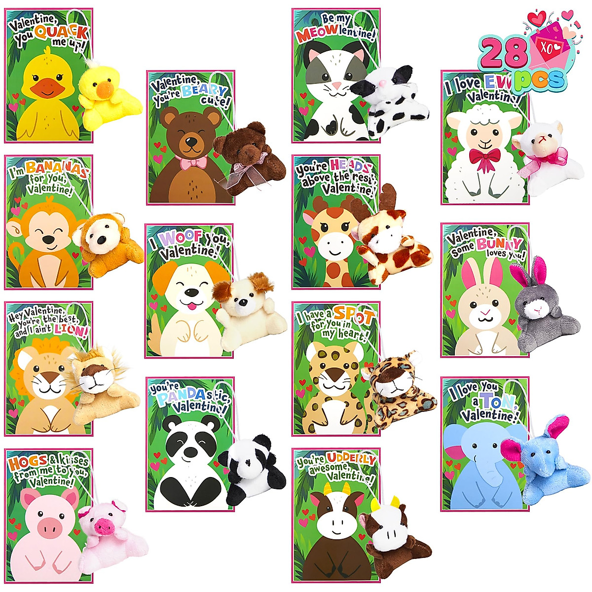 JOYIN 28 Pack Valentines Day Gifts Cards for Kids with Animal Plush Toy Key Chain Stress Relief Fidget Toy for Valentine's Classroom Exchange Cards and Valentines Party Favor
