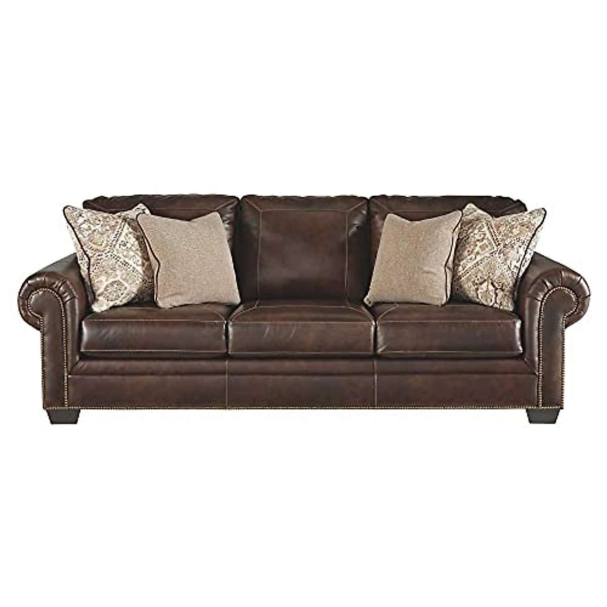 Signature Design by Ashley Roleson Traditional Leather Queen Sofa Sleeper with Nailhead Trim and 4 Accent Pillows, Brown