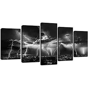 Biuteawal - Black and White Wall Art Nature Lightning Strikes in The Clouds Painting on Canvas Storm and City Night View Picture Print for Home Office Living Room Decoration Wall Decor