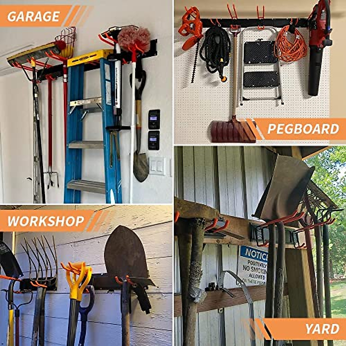 Oududianzi Garden Tool Storage Rack, Garage Tool Organizer Wall Mount, Garden Tool Rack with 6pcs Heavy Duty Steel Hooks, holder wall mount, Lawn tool storage, 48 Inch 3 Rails, Max Load to 500lbs