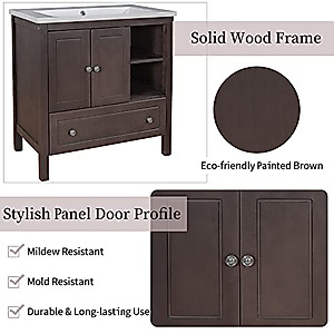 Merax 30" Bathroom Vanity Base Only,Solid Wood Frame,Bathroom Storage Cabinet with Doors and Drawers,Brown