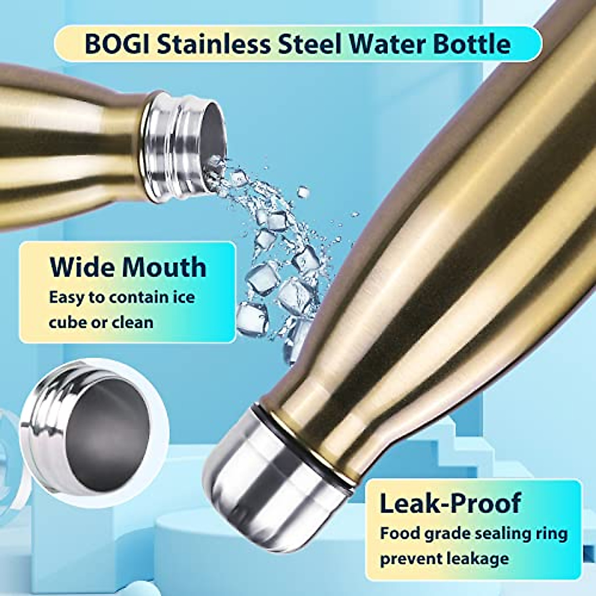 BOGI 25oz Insulated Water Bottle Double Wall Vacuum Stainless Steel Water Bottles, Leak Proof Metal Sports Water Bottle Keeps Drink Hot and Cold-Perfect for Outdoor Sports Camping Biking (Champagne)