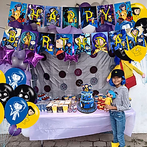 Coraline Party Decorations,Birthday Party Supplies For Halloween Coraline Party Supplies Includes Banner - Cake Topper - 12 Cupcake Toppers - 18 Balloons - 50 Coraline Stickers