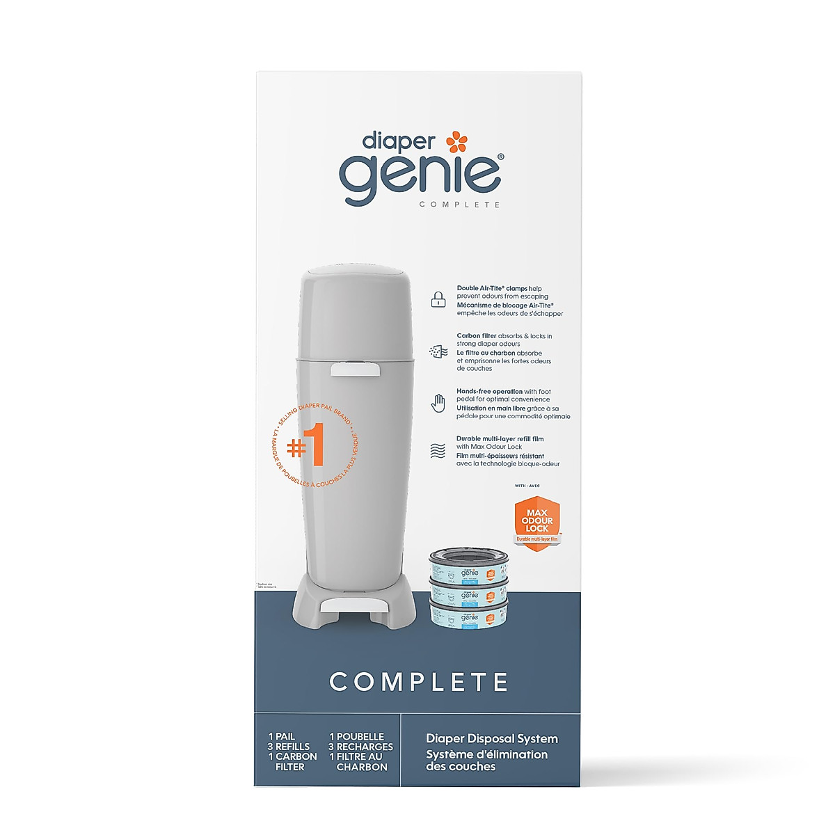 Diaper Genie Complete Diaper Pail (Grey) with Odor Control | Includes 1 Diaper Trash Can, 3 Refill Bags, 1 Carbon Filter, 4 Piece Set