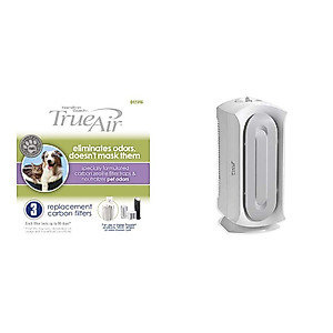 Hamilton Beach TrueAir Replacement Carbon Filter, 3-Pack (04234G) & Air Purifier with Permanent True HEPA Filter for Allergies and Pets, Odor Eliminator, Ultra Quiet, 3 Filtration Stages,White(04384)