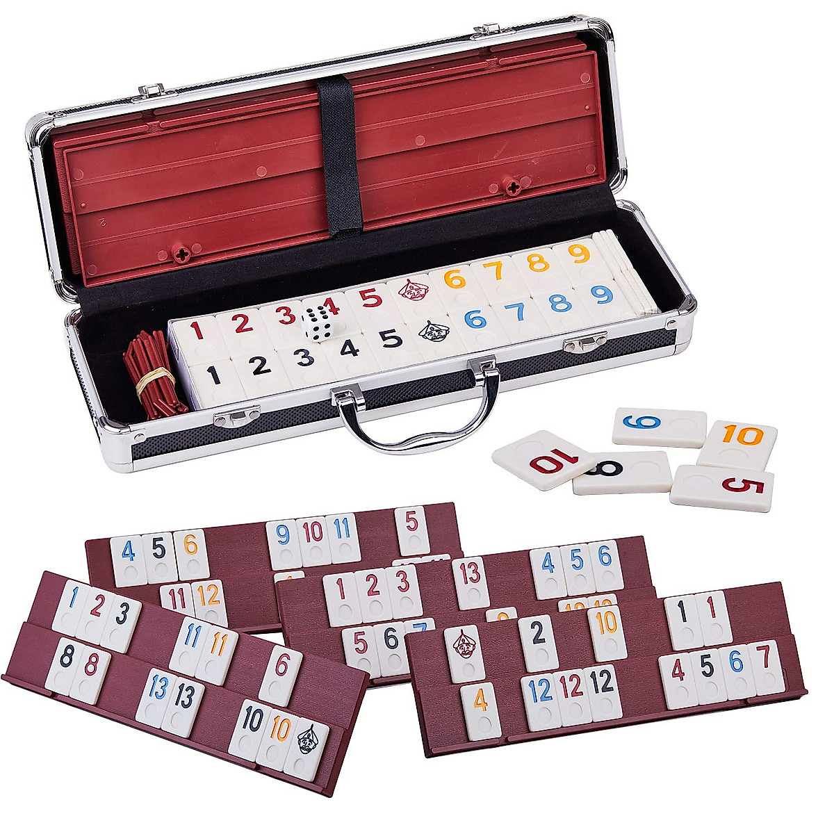 Doublefan Rummy 106 Tiles Large Rummy with 4 Sturdy Racks& Instructions Rummy Tiles with Aluminum Case Suit for 2-4 Players