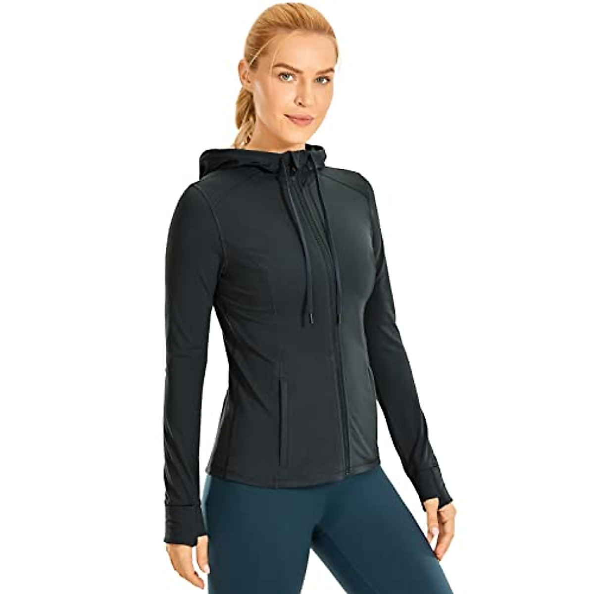 CRZ YOGA Women's Brushed Full Zip Hoodie Jacket Sportswear Hooded Workout Track Running Jacket with Zip Pockets Carbon Gray Medium