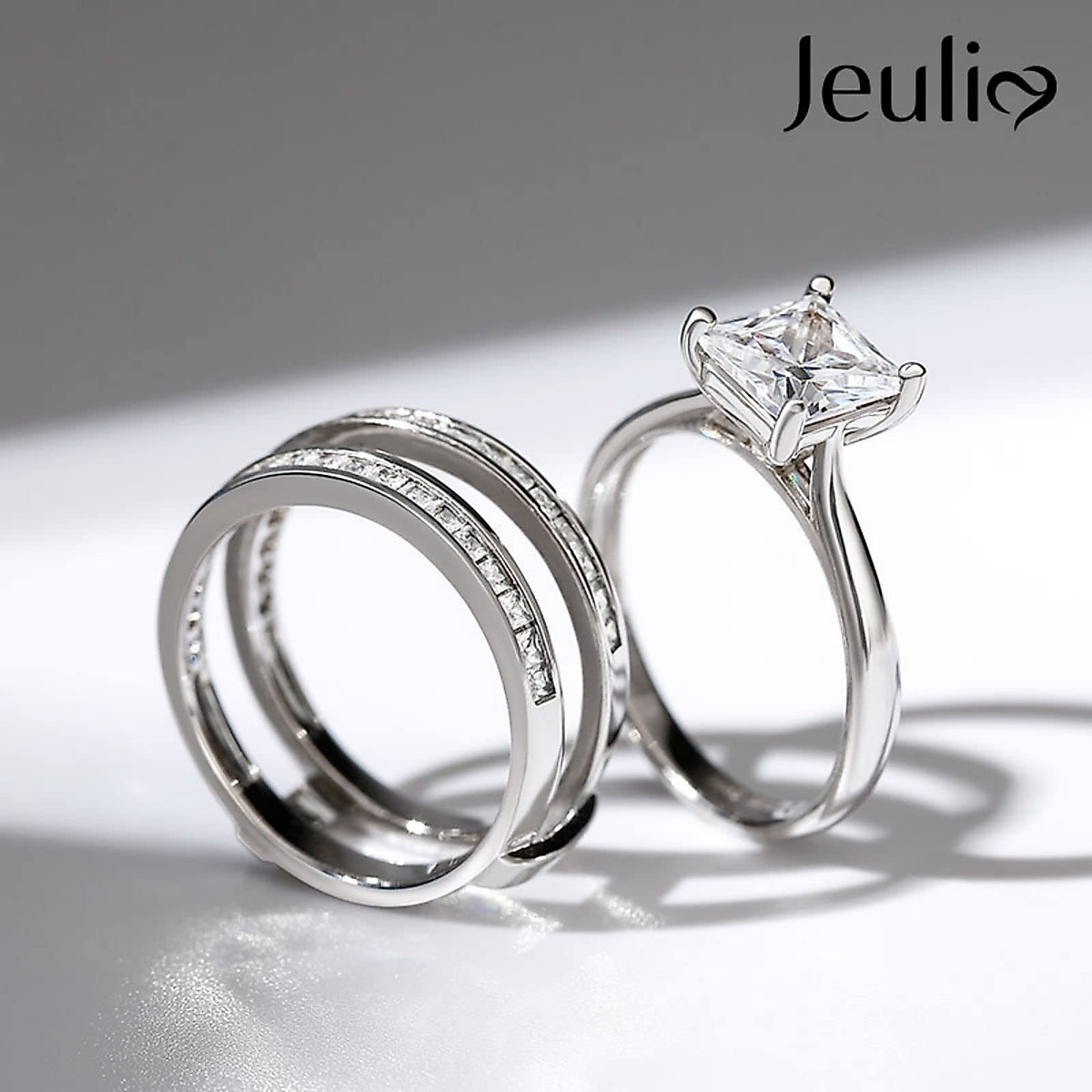 Jeulia 4.37 Carat Engraved Pricess Cut Cubic Zirconia Engagement Ring Diamond Wedding Bands for Women CZ Solitaire Sterling Silver Anniversary Bridal Promise Rings Set (8)