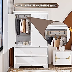 Rophefx 2 Door Kids Wardrobe with 2 Storage Drawers, Bedroom Armoire with Adjustable Shelf and Hanging Rod, Clothes Hanging Storage Rack, White