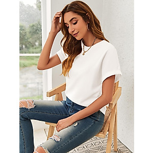 GeGekoko Women Short Sleeve Tshirts Crew Neck Basic Cotton Draped Tee Summer Ruched Side Top S-1L White