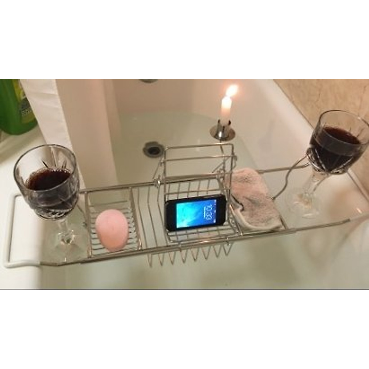 Bathtub Tray Caddy Stainless Steel - Bath Tub Caddy Rack & Organizer with Stand for Book, iPad or Phone - Candle Holder - 2 Wine Holders