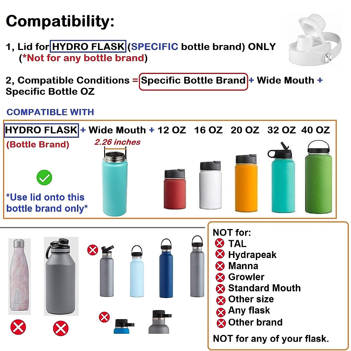 Lid for Hydro Flask 32 40 oz Wide Mouth, Replacement Lids Compatible with Hydro Flask Wide Mouth Water Bottle, Top Spout Lid with Handle, Wide Mouth Lid Chug Cap Accessories, White