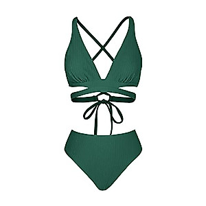 CUPSHE Bikini Set for Women Two Piece Swimsuits Triangle Top Mid Rise Crisscross Back Tie Cutout Spaghetti Straps, M DarkGreen