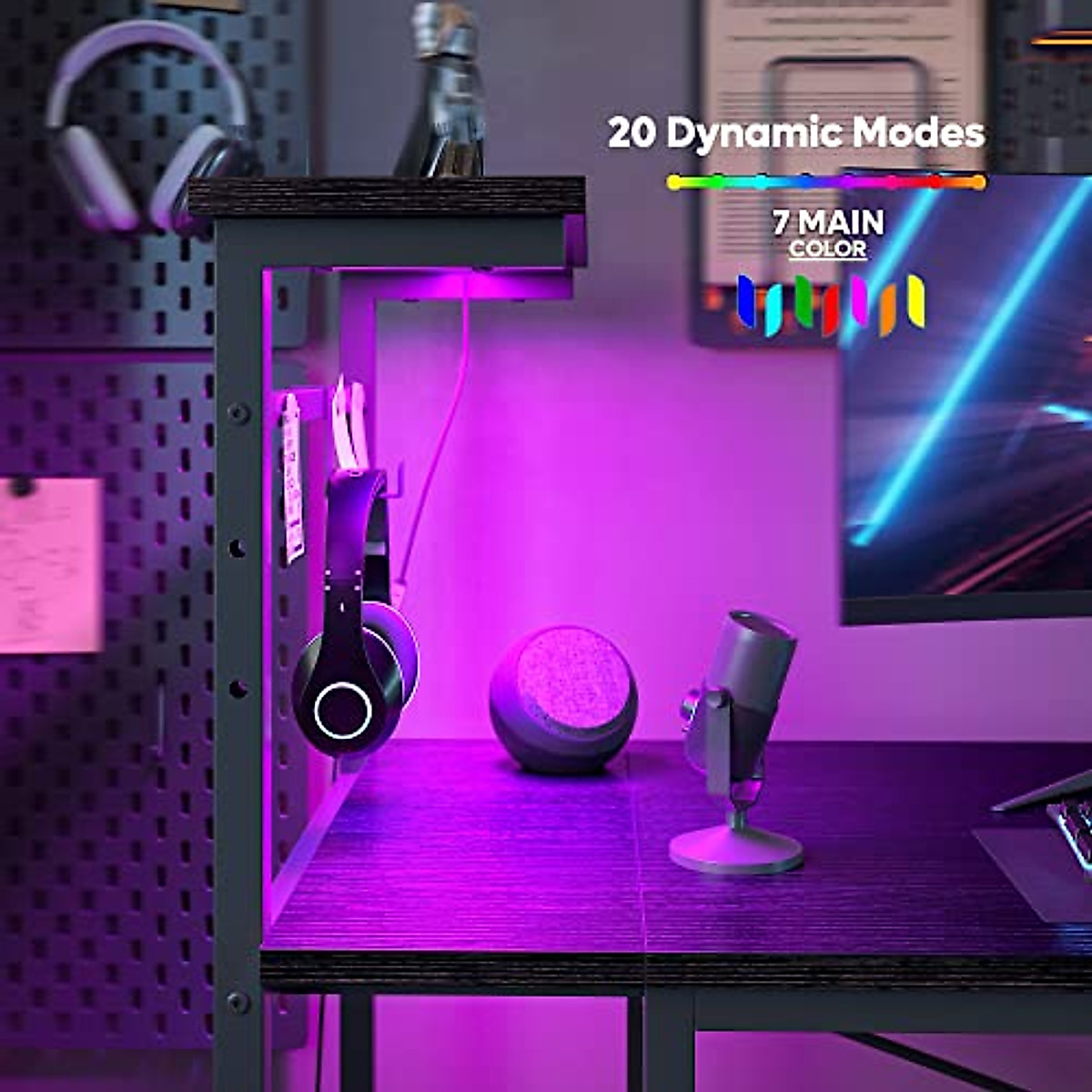 Bestier Gaming Desk with LED Lights, Computer Desk with 4 Tiers Reversible Shelves, 51.3 Inch Home Office Writing Desk with Side Storage Bag, Hooks and Height Adjustable Shelf (Black Grained)