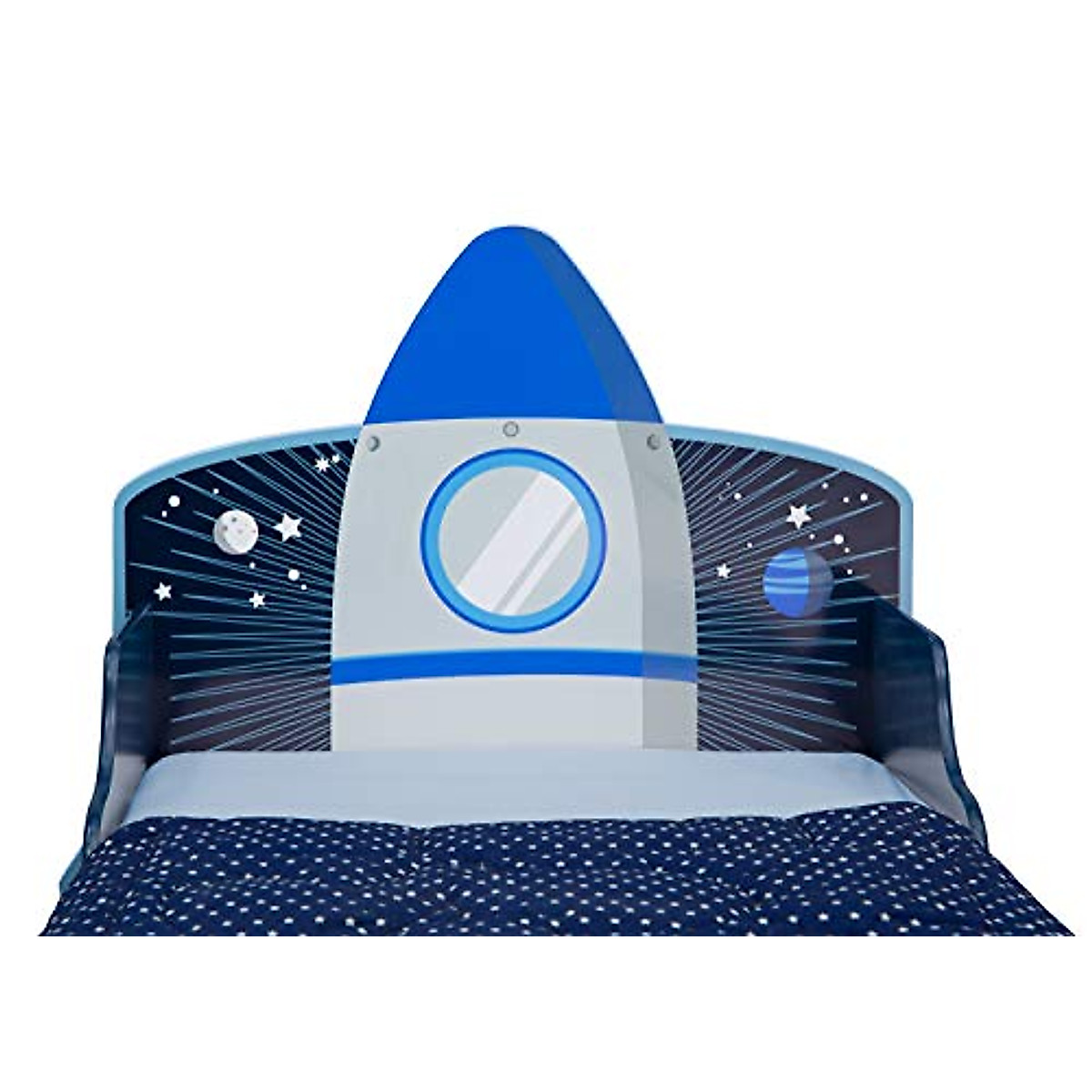 Delta Children Wood Toddler Bed, Space Adventures Rocket Ship + Simmons Kids Quiet Nights Dual Sided Crib and Toddler Mattress (Bundle)