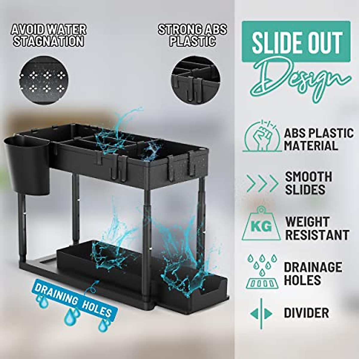 STORVAGE Height Adjustable Under Sink Organizer Kitchen 2 Tier Under Sink Organizers and Storage Bathroom, Sliding Basket Bathroom Cabinet Organizer with Hooks, Hanging Cup & Dividers (Black, 1)