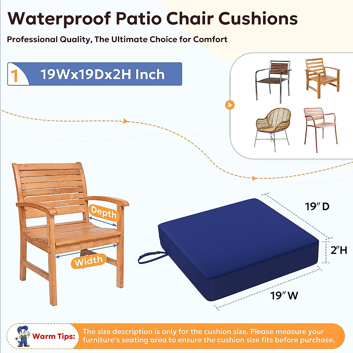 Gorpche Outdoor Chair Cushions, Waterproof Patio Chair Cushions Set of 2, Square Removable Outdoor Seat Cushions for Patio Furniture with Attach Straps, Foam and Hidden Zipper, 19 x 19 x 2 Inch, Blue