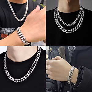 GIHENHAO 2pcs Cuban Link Chain for Men,Silver Necklace and Bracelet,Miami Cuban Chains,Bling Diamond Chain for Hip Hop Jewelry