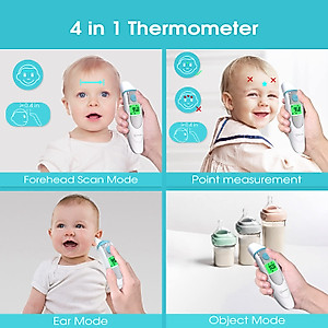 Forehead Thermometer for Adults, 4 in 1 Ear Thermometer for Kids, No Touch Baby Thermometer, Digital Thermometer with Fever Alarm and Object Measurement - Fast, Reliable and Accurate (White)