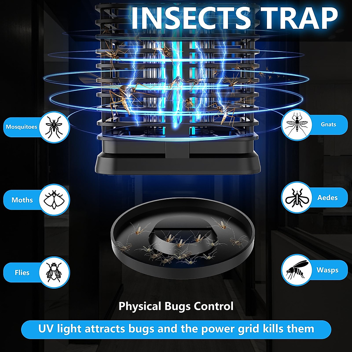 Home4me Solar Bug Zapper with LED Light for Outdoor, 4000mAh Battery Powered Mosquito Zapper, Mosquito Traps, Cordless Mosquito Killer, Electric Moth Zapper for Patio Backyard, Rechargeable, Blue