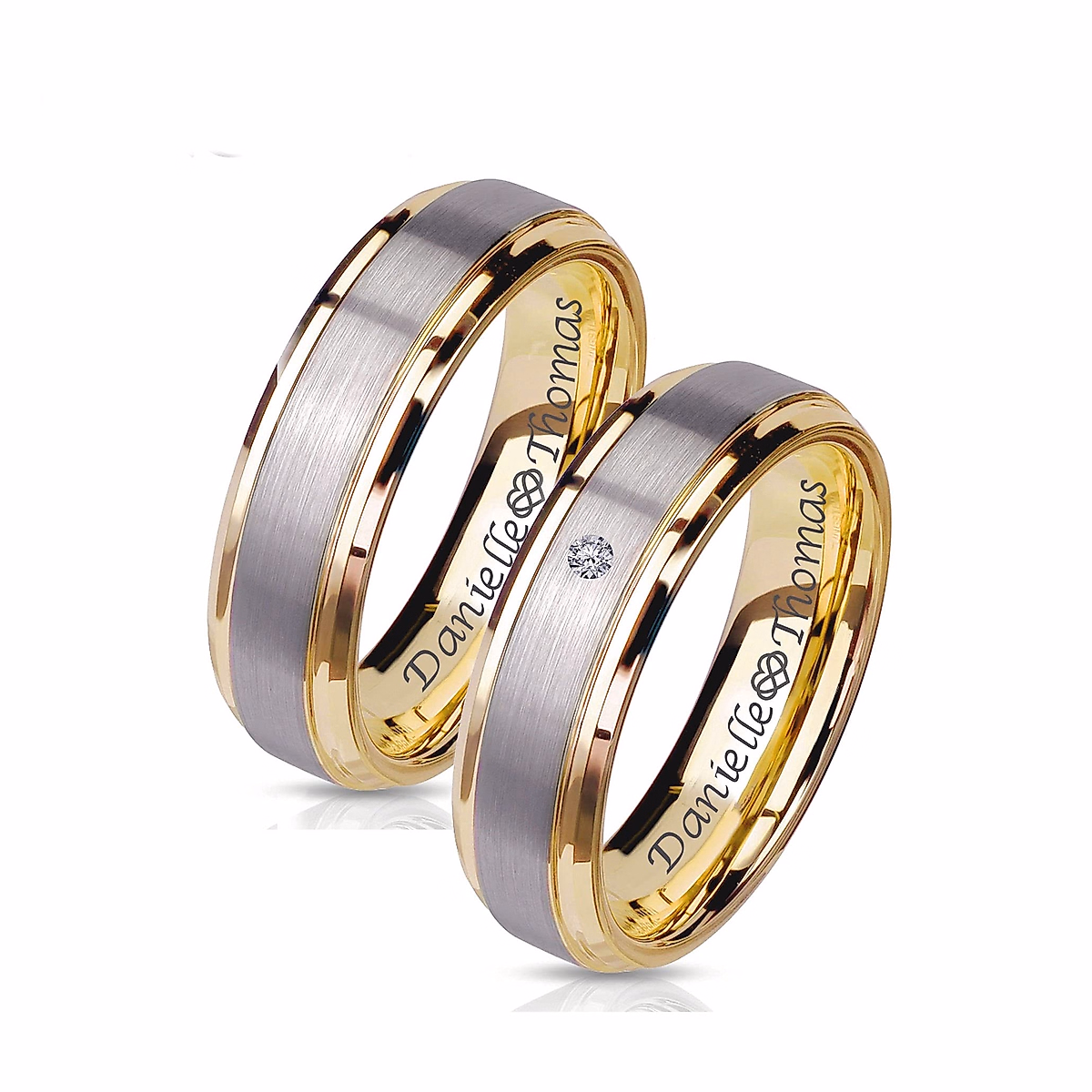 Personalized Two Tone Brushed Silver & Gold Ring Set Custom Engraved Free - Couple's Ring Set - Wedding Band Set - Ships From USA