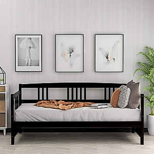 Royard Oaktree Solid Wood Daybed, Twin Size Daybed with Three-Side Rail, Modern Sofa Bed Frame with Wooden Slats Support Mattress Foundation for Bedroom, Living Room, Guest Room, Espresso